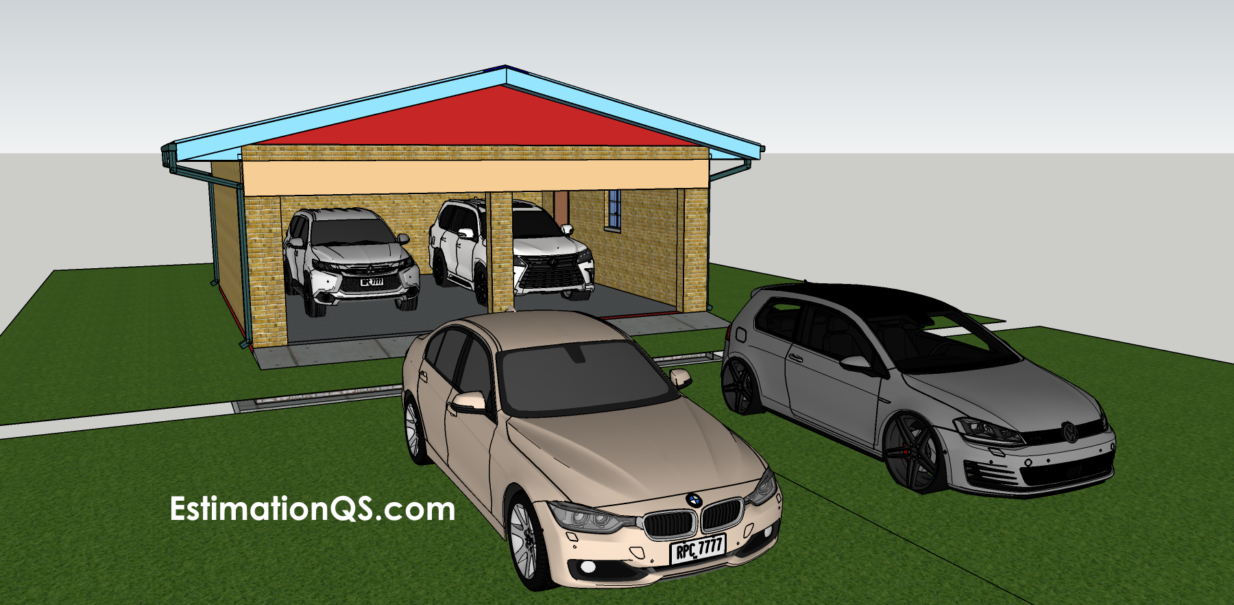 Garage_Front Elevation_Drawing_Two Parked Cars Inside and Outside ...