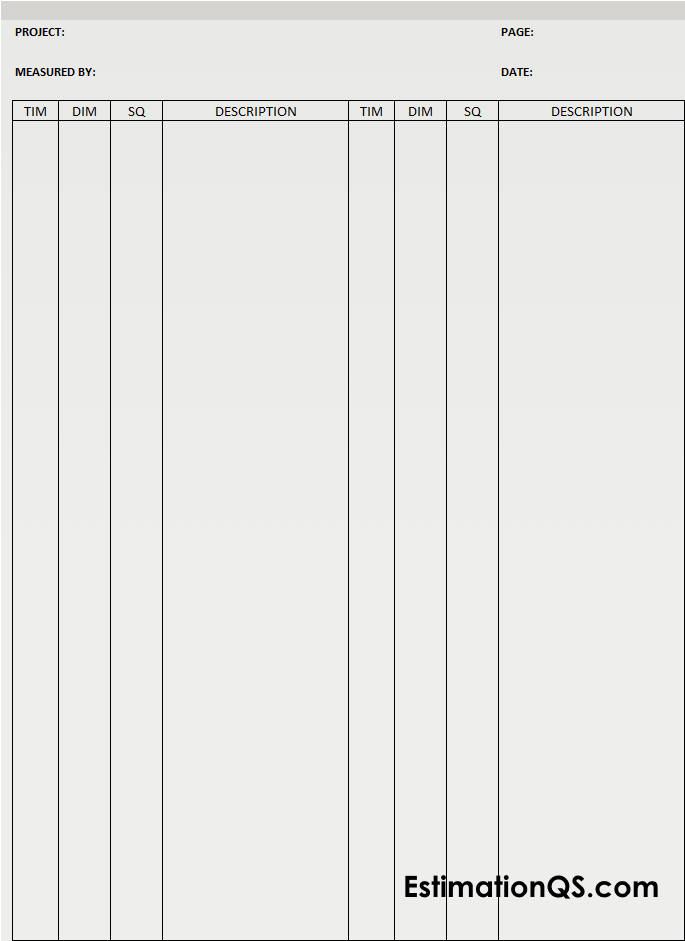 Two-Leaved Standard Dimension Paper / Quantity Takeoff Sheet for ...