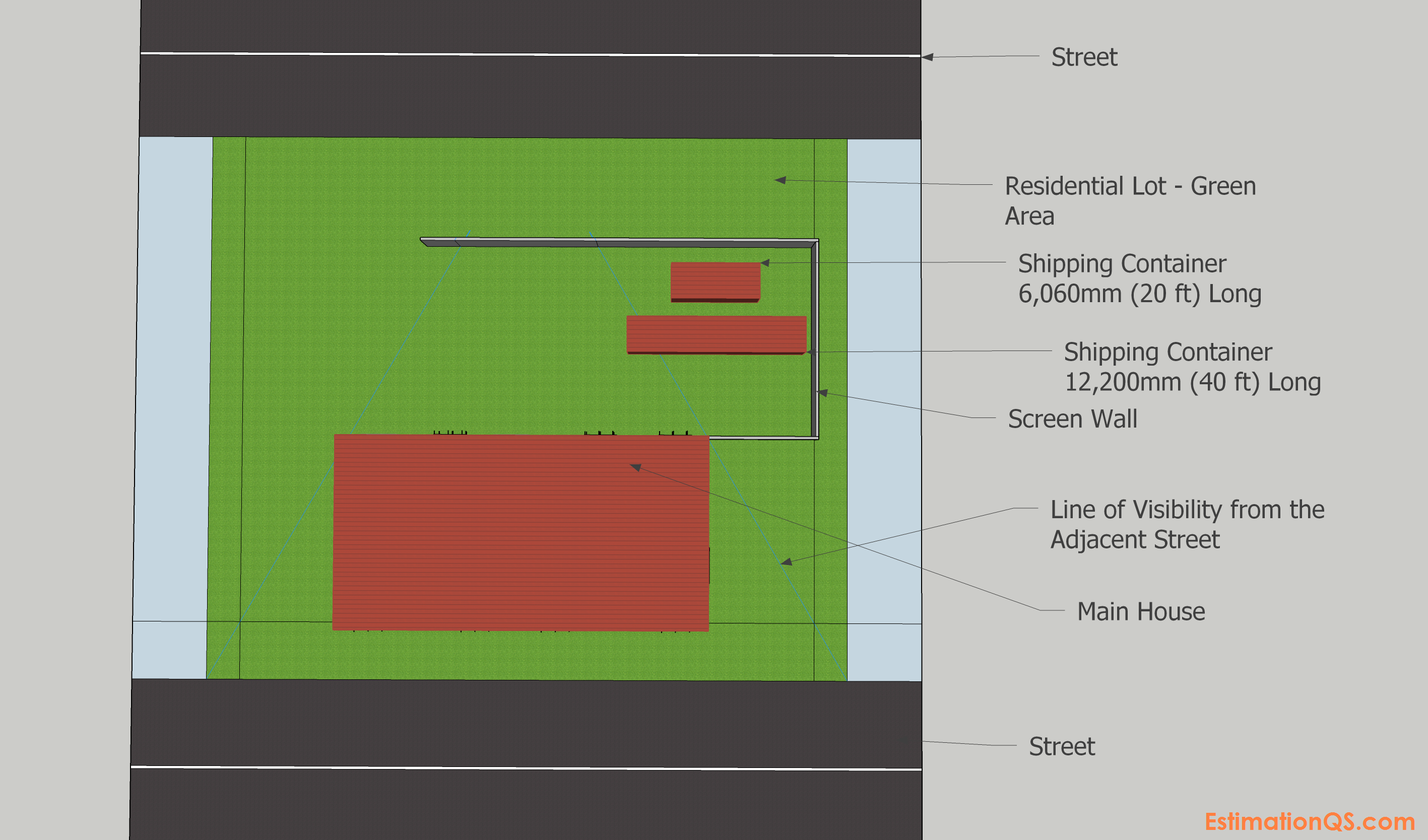 Backyard Shipping Container on Fenced Residential Lot with Screen Wall ...